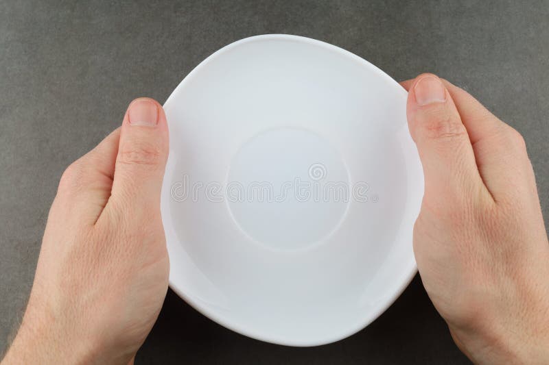 Hands Hold Empty White Plate. Top View Stock Photo - Image of food ...