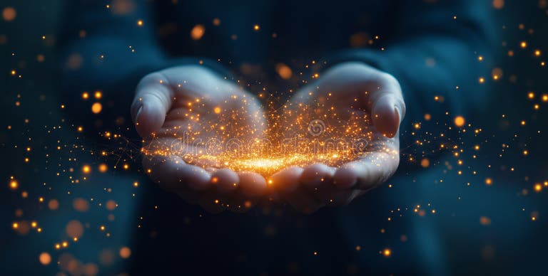 Hands Hold Glowing Particles Creating a Magical Effect in a Dark ...