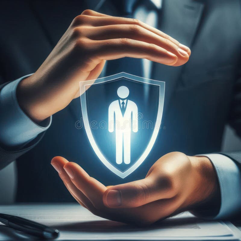 Hands Hold a Glowing Shield with the Image of a Man in a Suit. Stock ...