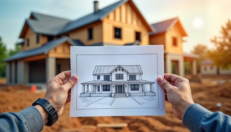 Hands Hold House Blueprint Over Construction Site. Plan for Future ...