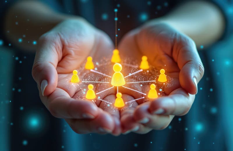 Hands Hold Illuminated Figures Connected by Lines, Digital Network ...