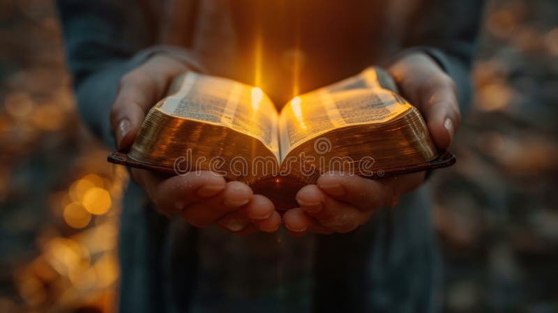 Hands Hold an Open Bible, the Sun& X27;s Rays Fall on the Bible. Stock ...