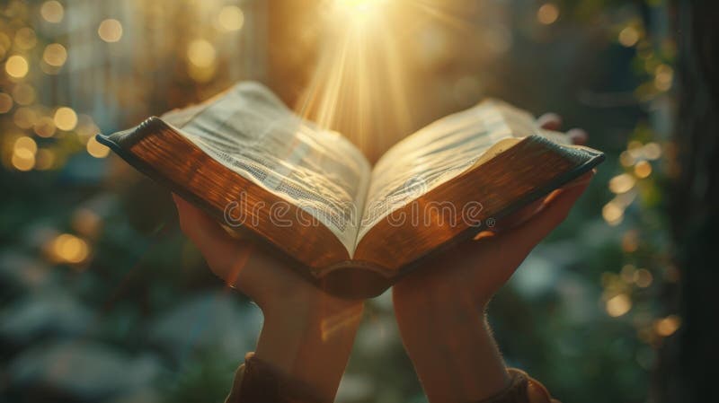 Hands Hold an Open Bible, the Sun S Rays Fall on the Bible. Stock Image ...