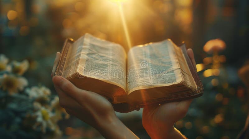 Hands Hold an Open Bible, the Sun& X27;s Rays Fall on the Bible. Stock ...