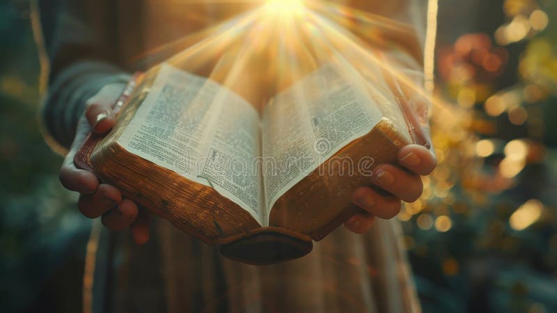Hands Hold an Open Bible, the Sun& X27;s Rays Fall on the Bible. Stock ...
