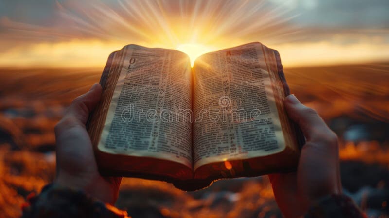 Hands Hold an Open Bible, the Sun& X27;s Rays Fall on the Bible. Stock ...