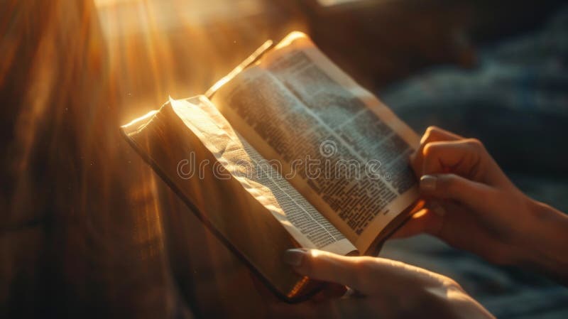 Hands Hold an Open Bible, the Sun S Rays Fall on the Bible. Stock Image ...