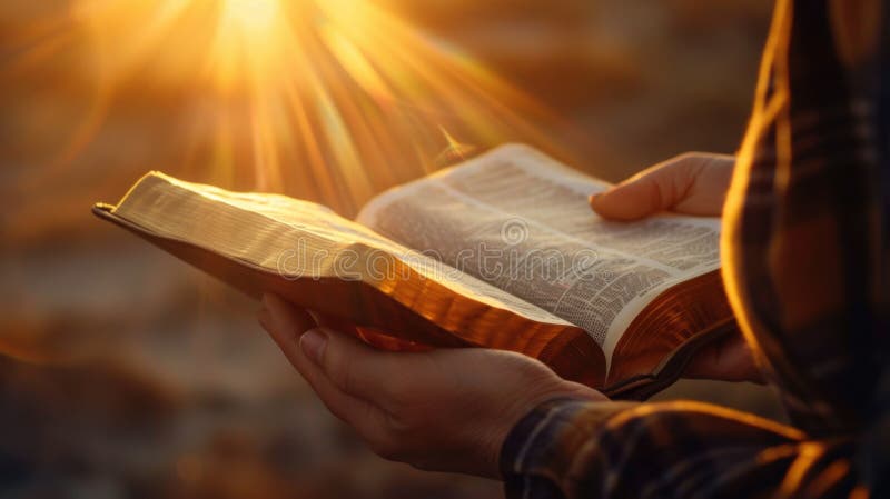 Hands Hold an Open Bible, the Sun& X27;s Rays Fall on the Bible. Stock ...