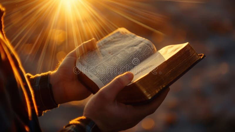 Hands Hold an Open Bible, the Sun& X27;s Rays Fall on the Bible. Stock ...