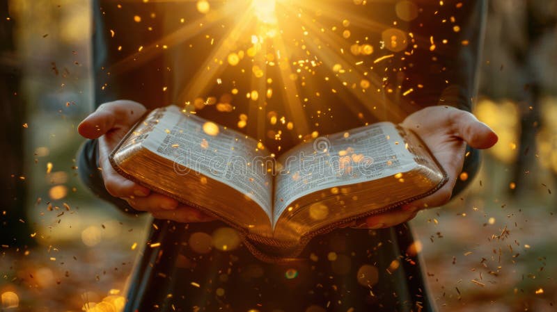 Hands Hold an Open Bible, the Sun& X27;s Rays Fall on the Bible. Stock ...