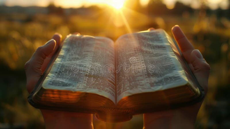 Hands Hold an Open Bible, the Sun& X27;s Rays Fall on the Bible. Stock ...