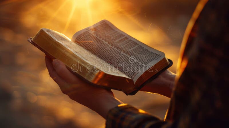 Hands Hold an Open Bible, the Sun S Rays Fall on the Bible. Stock Image ...