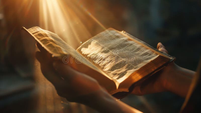 Hands Hold an Open Bible, the Sun S Rays Fall on the Bible. Stock Image ...
