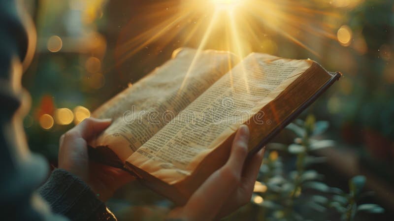 Hands Hold an Open Bible, the Sun S Rays Fall on the Bible. Stock Photo ...
