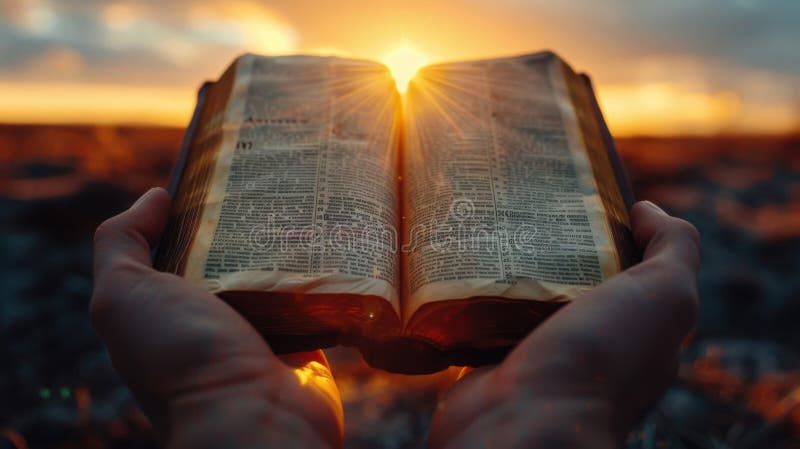 Hands Hold an Open Bible, the Sun& X27;s Rays Fall on the Bible. Stock ...