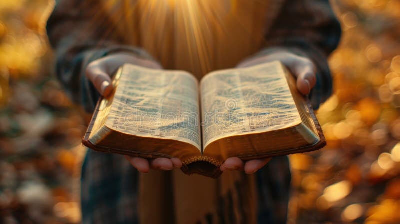 Hands Hold an Open Bible, the Sun& X27;s Rays Fall on the Bible. Stock ...