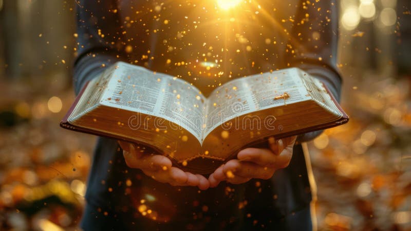 Hands Hold an Open Bible, the Sun& X27;s Rays Fall on the Bible. Stock ...