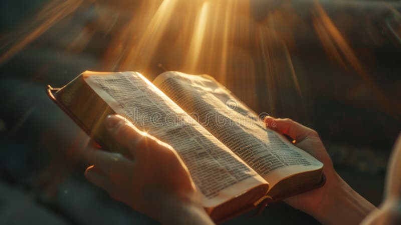 Hands Hold an Open Bible, the Sun& X27;s Rays Fall on the Bible. Stock ...