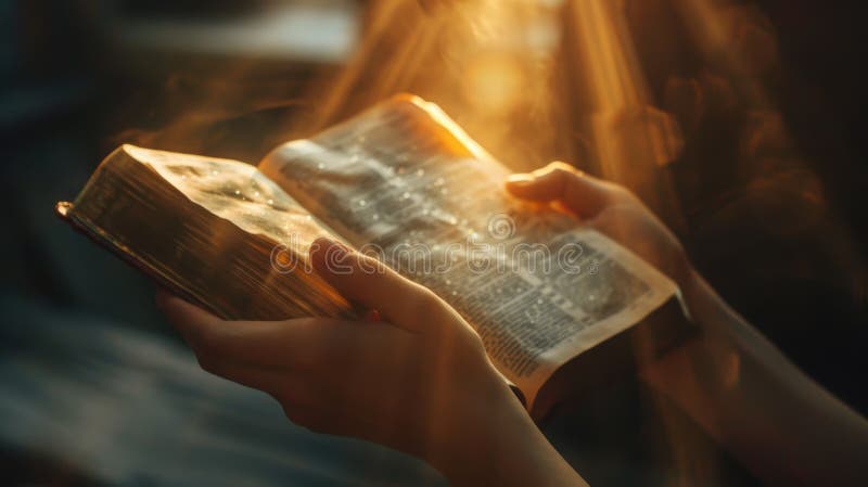 Hands Hold an Open Bible, the Sun& X27;s Rays Fall on the Bible. Stock ...