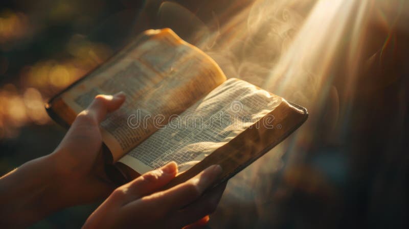 Hands Hold an Open Bible, the Sun S Rays Fall on the Bible. Stock Image ...