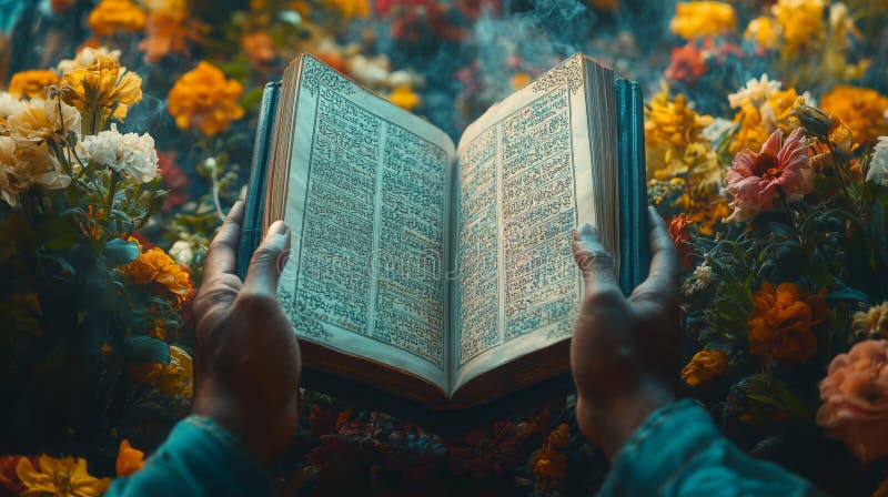 Hands Hold an Open Book Containing Various Prayers Amidst Colorful ...