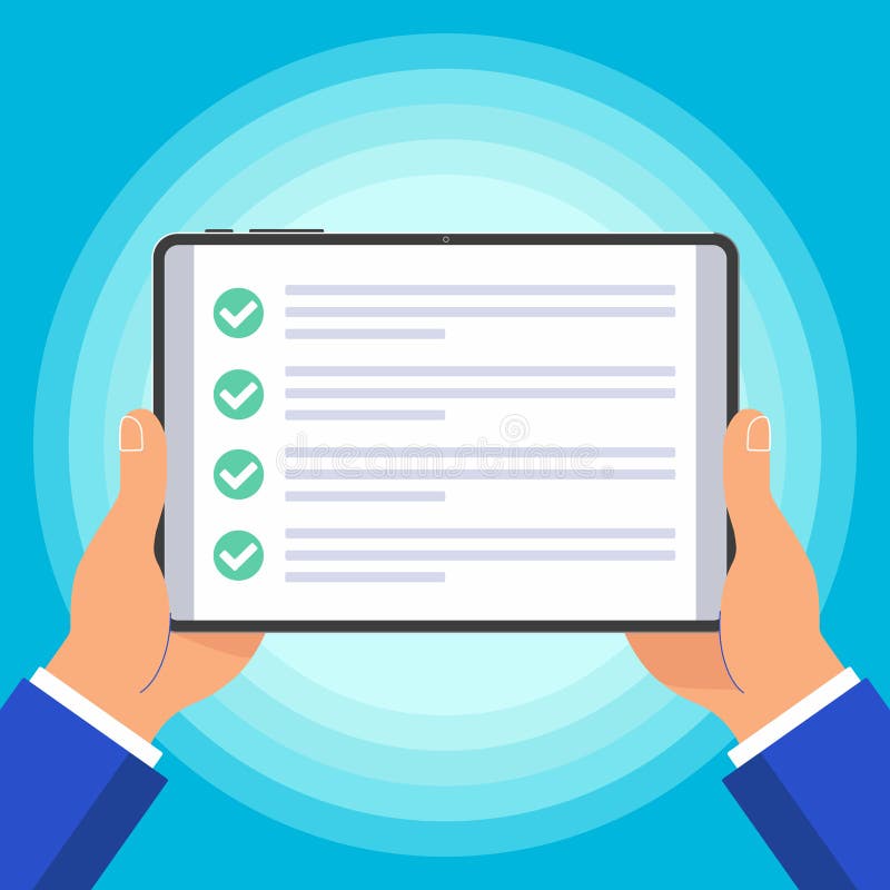 Hands Hold Pad Device Tablet Flat Design with Check Marks Tick on the ...