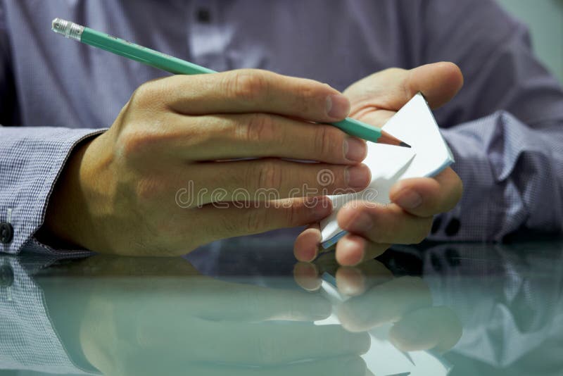 Hands Hold Pencil and Writing on Plain Stick it Paper in Work Uniform ...