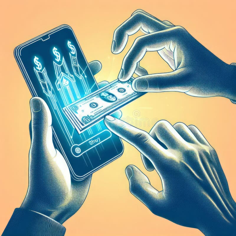 Hands Hold the Phone, Work with Flying Money, Internet Energy. Mobile ...