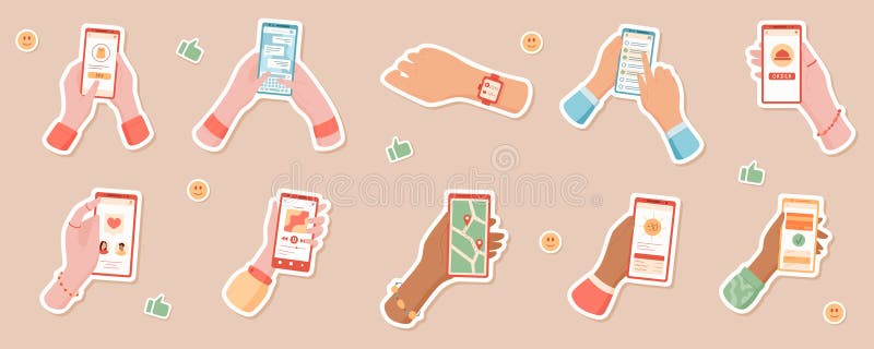 User Hold Mobile App Sticker Set Stock Vector - Illustration of screen ...