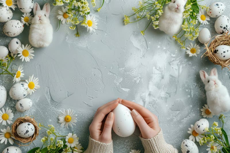 Hands Hold a Spotted Egg Surrounded by Baby Rabbits Spring Daisies ...