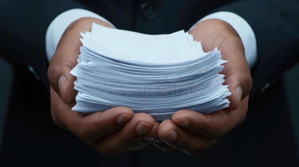 Close-up of Hands Distributing Paper Documents in a Busy Office ...