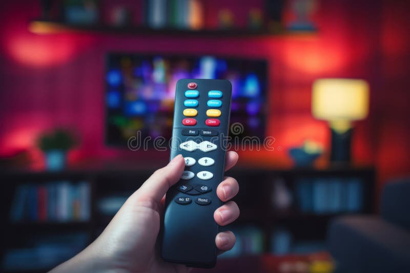 Hands Hold Television Remote Controller on the Blurred TV Background ...