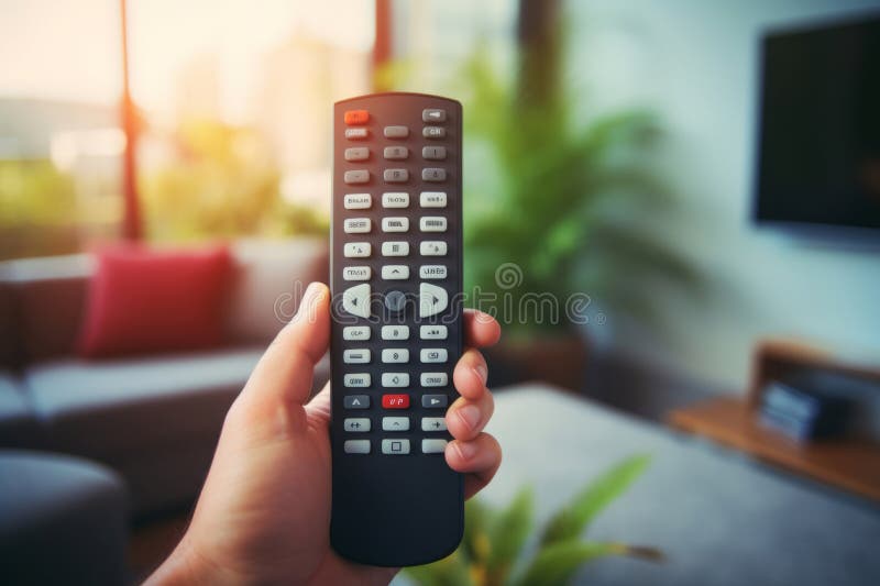 Hands Hold Television Remote Controller on the Blurred TV Background ...