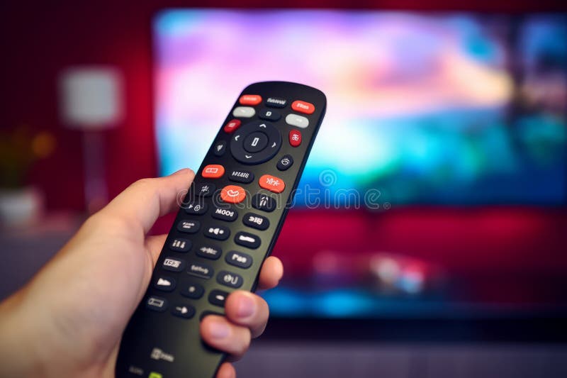 Hands Hold Television Remote Controller on the Blurred TV Background ...