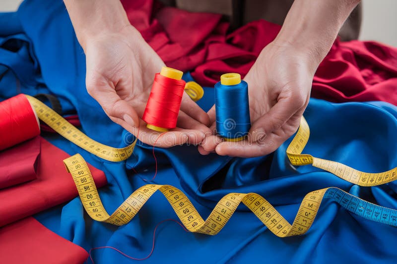 Hands Hold Thread Spools, Measuring Tape on Colorful Blue Fabric Stock ...