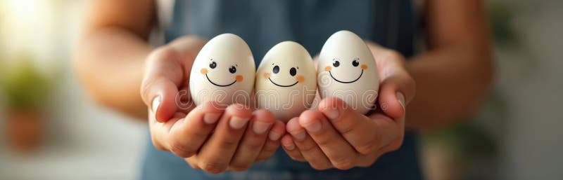Hands Hold Three Eggs with Happy Faces. Teamwork Concept. Positive Emotions. Friendly Atmosphere ...