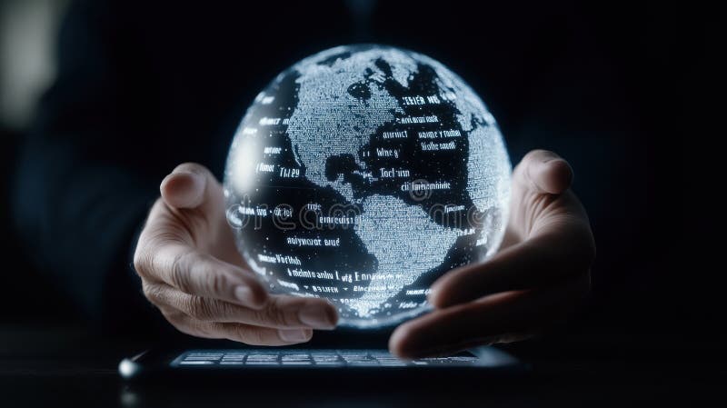 Hands Hold Virtual Globe. Globe Displays Text in Various Languages ...
