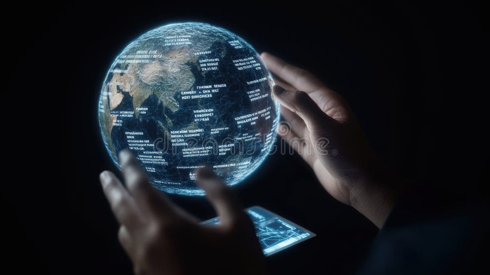 Hands Hold Virtual Globe. Globe Shows Multiple Languages on Surface ...