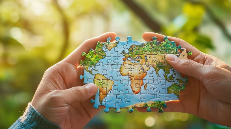 Hands Hold a White Jigsaw Puzzle with a Globe Inside, Symbolizing a ...