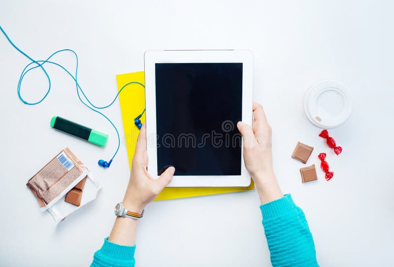 Hands Hold White Tablet on the Table Stock Photo - Image of hands ...