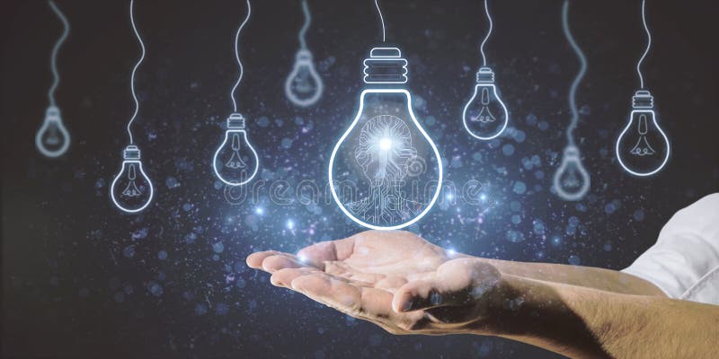 Hands Holding Abstract Light Bulbs on Dark Background with Circuit Man ...