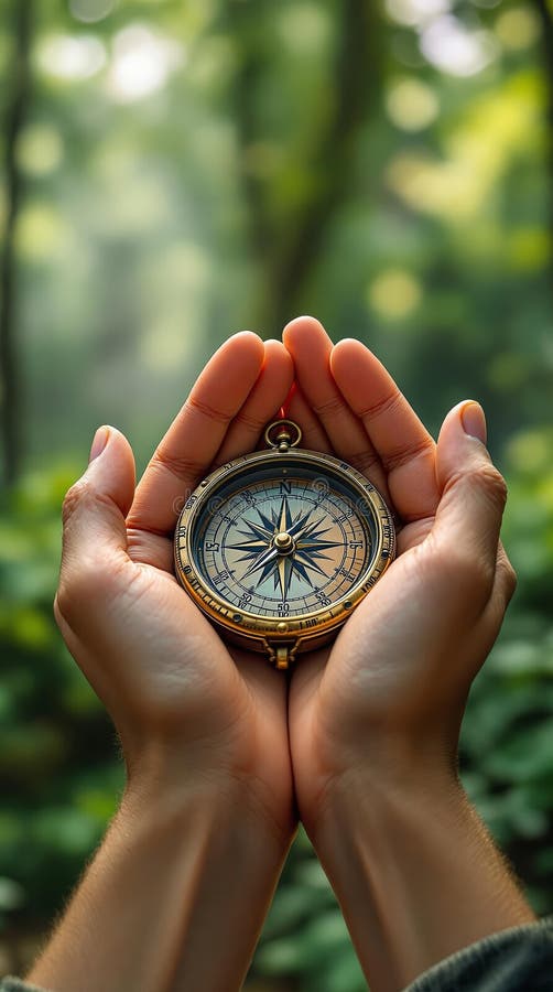 Hands Holding Antique Compass in a Forest Background Stock Image ...