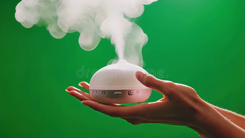 Hands Holding Aromatherapy Diffuser Releasing Mist Against Green Screen ...