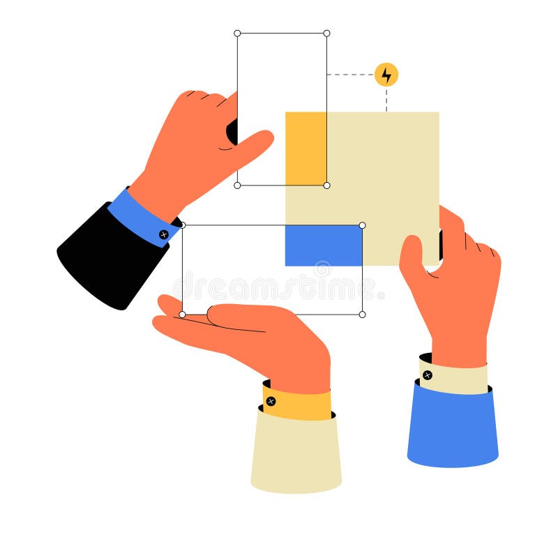 Hands Holding and Arranging Graphic Elements in Flat Vector ...