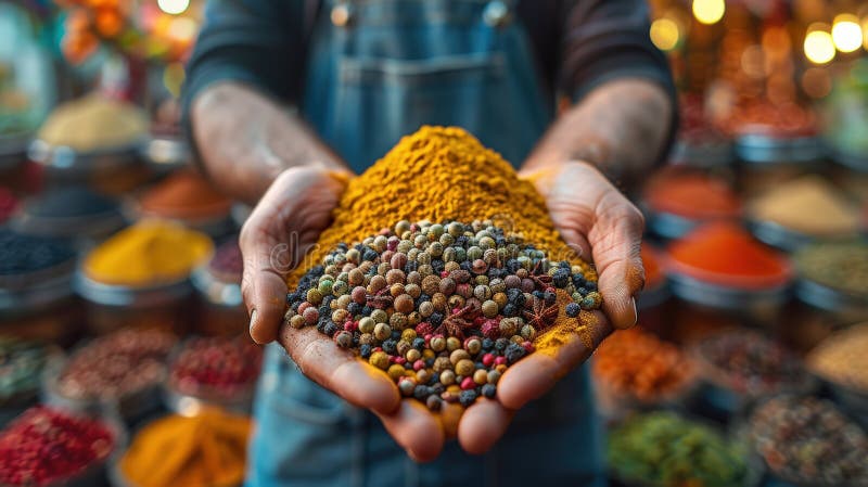 Hands Holding Assorted Spices in a Vibrant Market Setting Stock ...