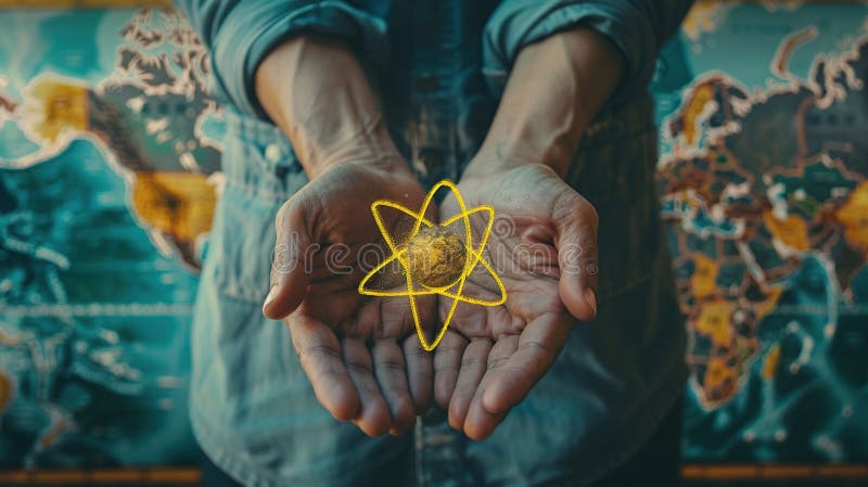 Hands Holding Atom Symbol stock illustration. Illustration of digital ...