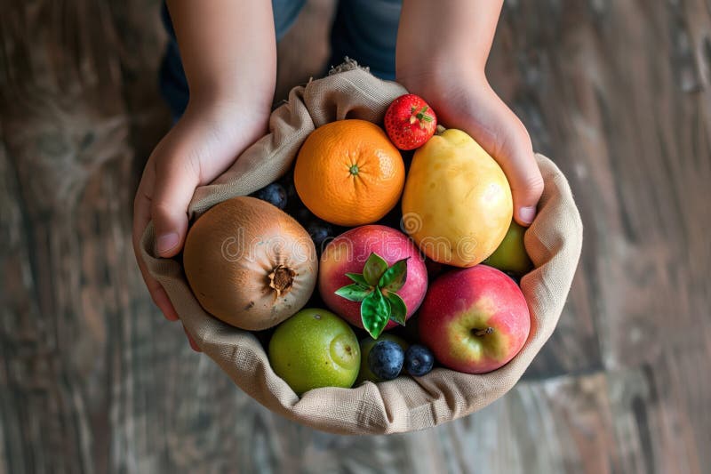 Hands Holding a Bag of Mixed Fruits To Donate Stock Illustration ...