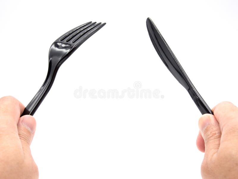 Hands Holding Black Plastic Fork and Knife Acting Like Ready for Stock ...