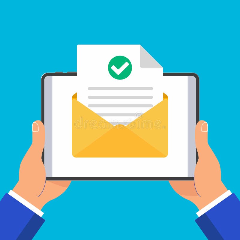 Hands Hold Tablet Pad Devise with Open Envelope Document Paper Sheet ...