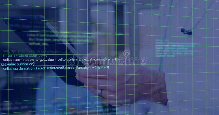 Hands Holding Black Tablet Computer in Modern Office Lab, with Grid ...